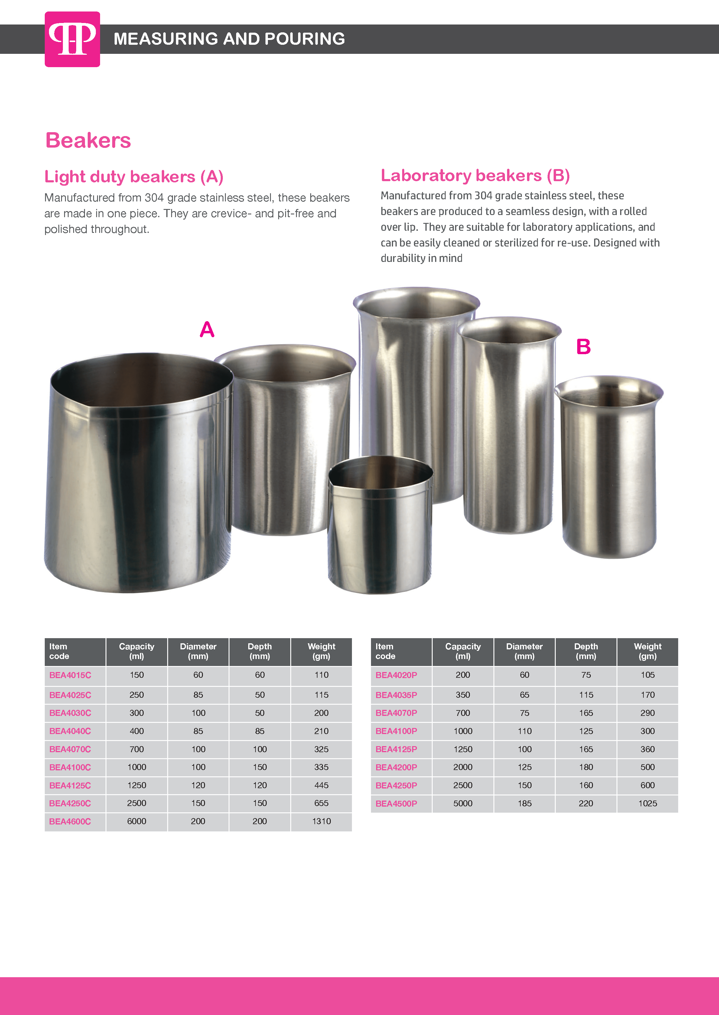 PHP Light Duty 304 Grade Stainless Steel Beakers